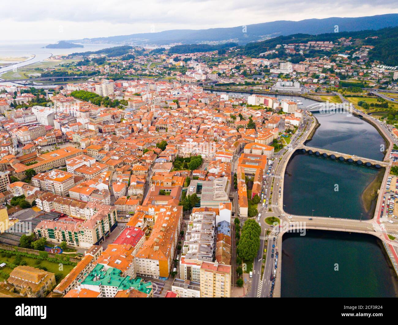 Aerial view of Pontevedra cityscape with a modern apartment buildings ...