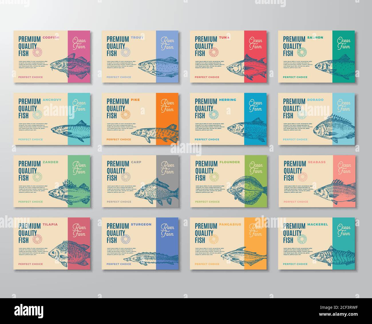 Sixteen Premium Quality Fish Labels Set. Abstract Vector Packaging ...