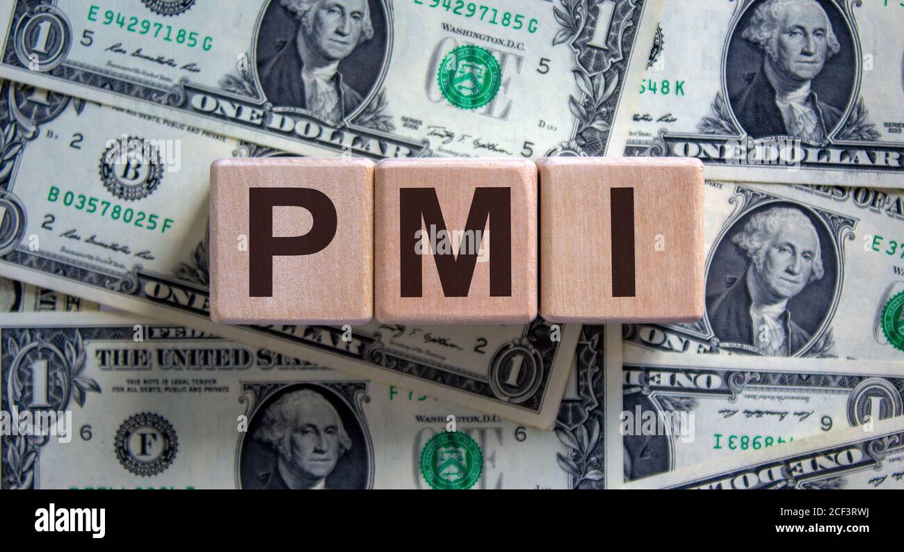 Concept word 'PMI' on cubes on a beautiful background from dollar bills ...