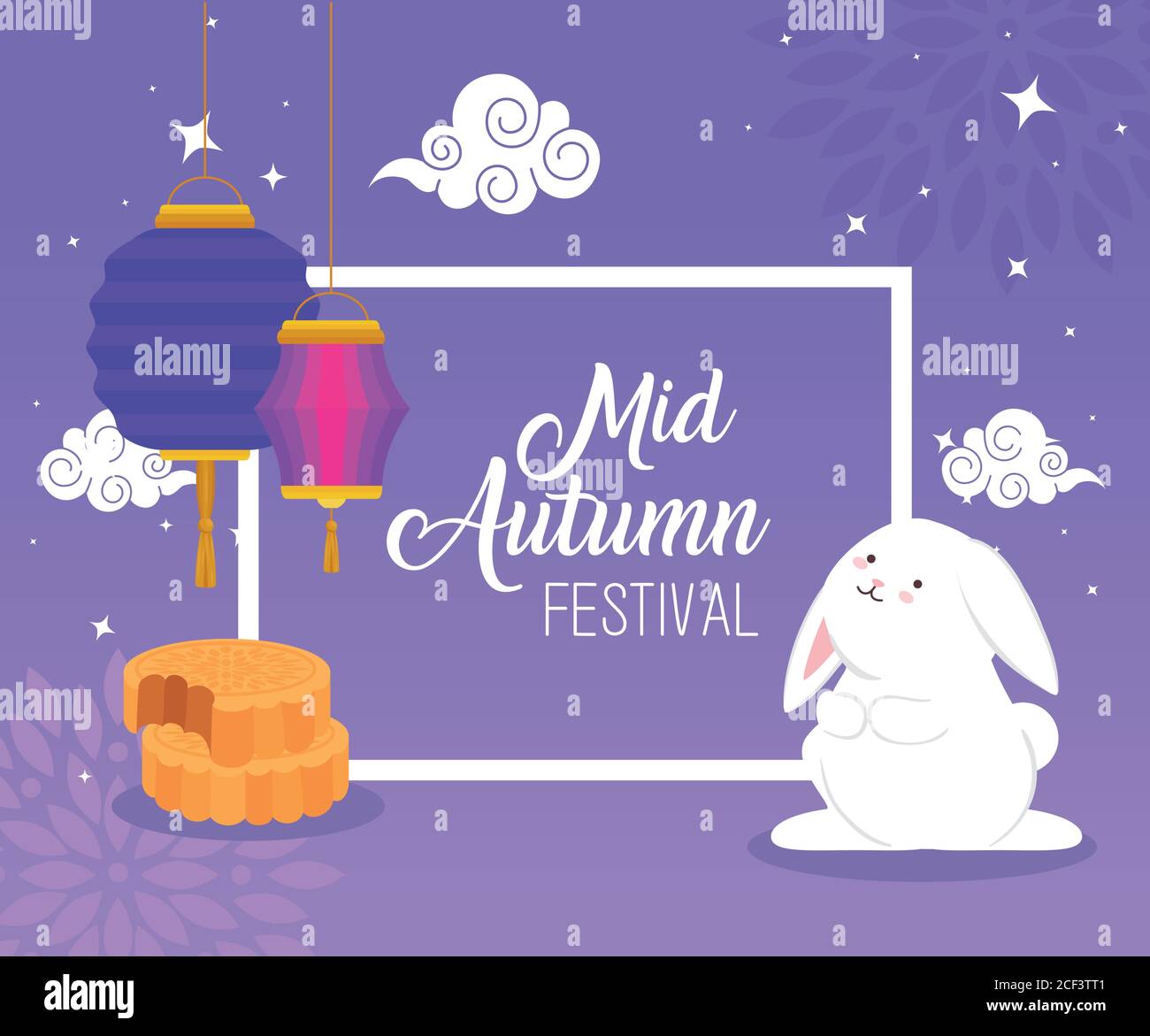 chinese mid autumn festival with rabbit, lanterns hanging and mooncake ...