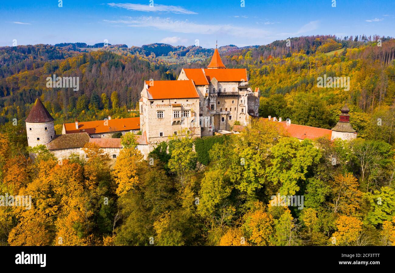 Above view of medieval castle Pernstein. South Moravian region. Czech ...