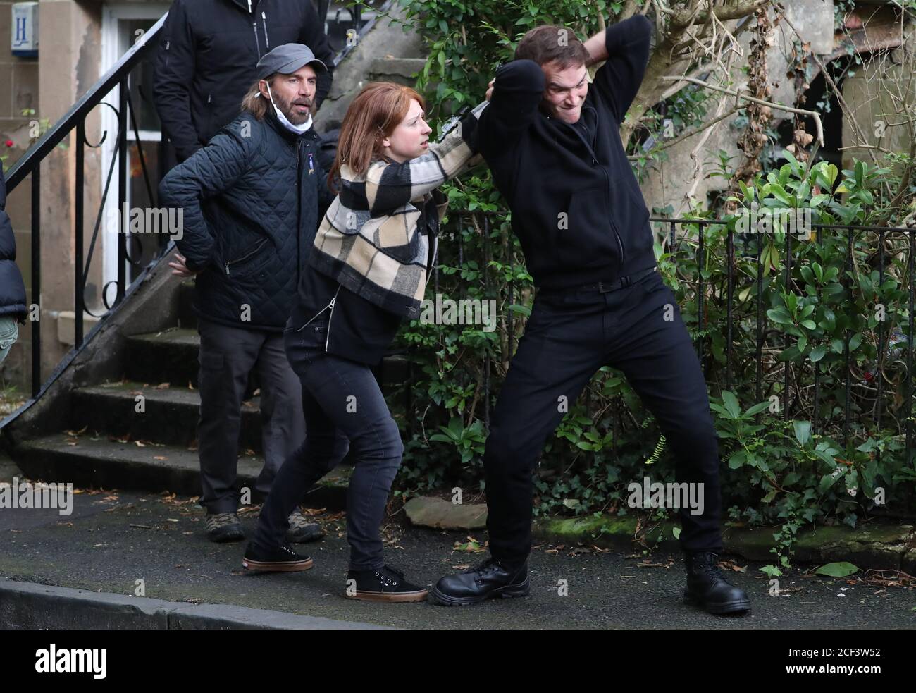 Actors rehearse on set of the new BBC thriller Vigil which is currently ...
