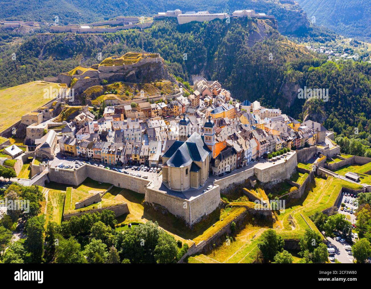 Aerial view of medieval fortified city of Briancon with impressive ...
