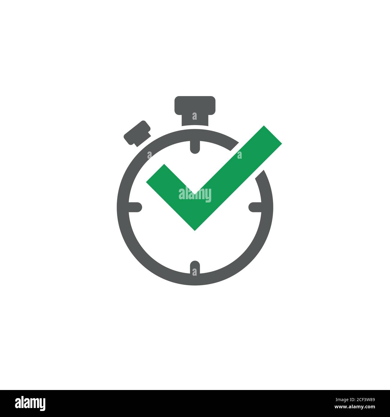 black stop-watch with green tick. Flat line icon isolated on white ...
