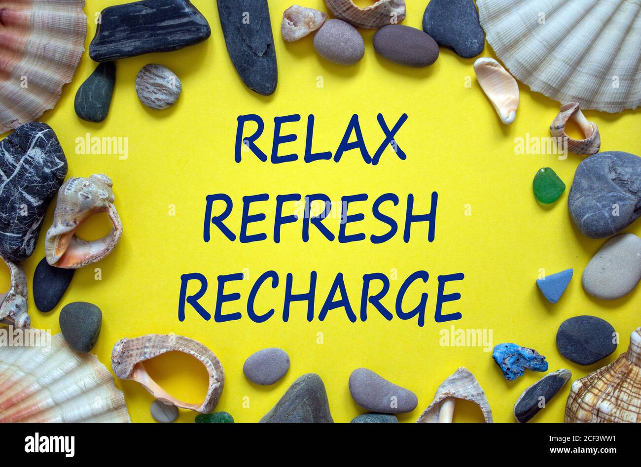 Words 'relax, refresh, recharge' on a beautiful yellow background. Sea ...
