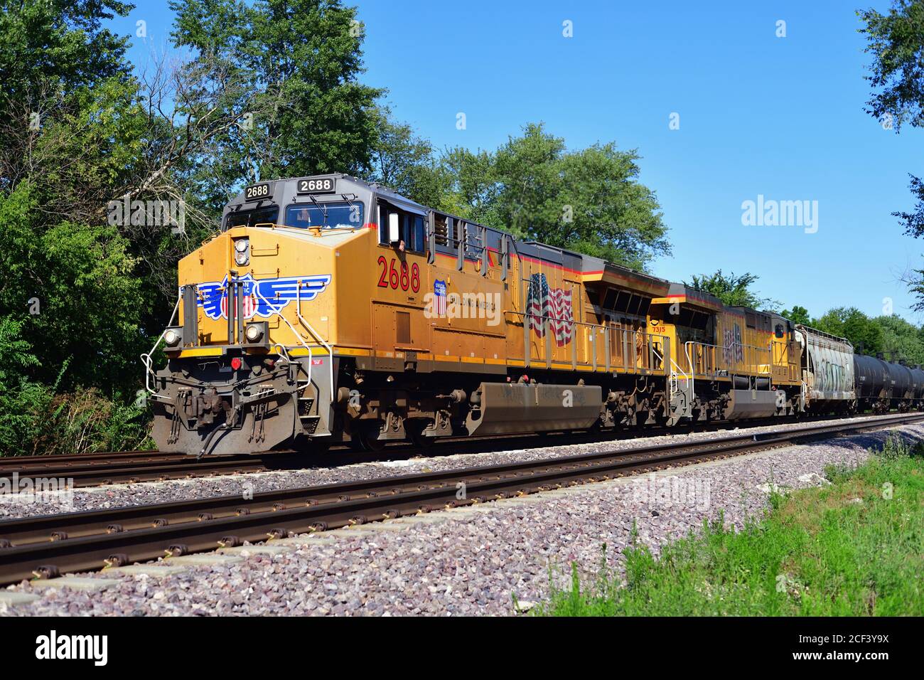 LaFox, Illinois, USA. Two locomotives lead a manifest freight train ...