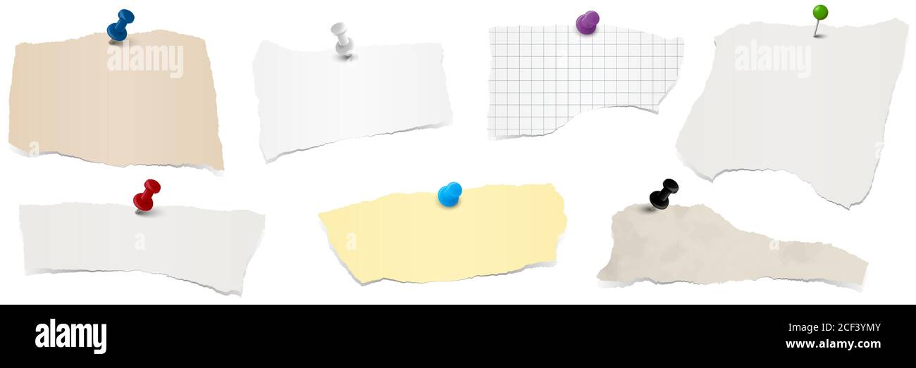 collection of different colored scraps of papers with pin needles Stock ...