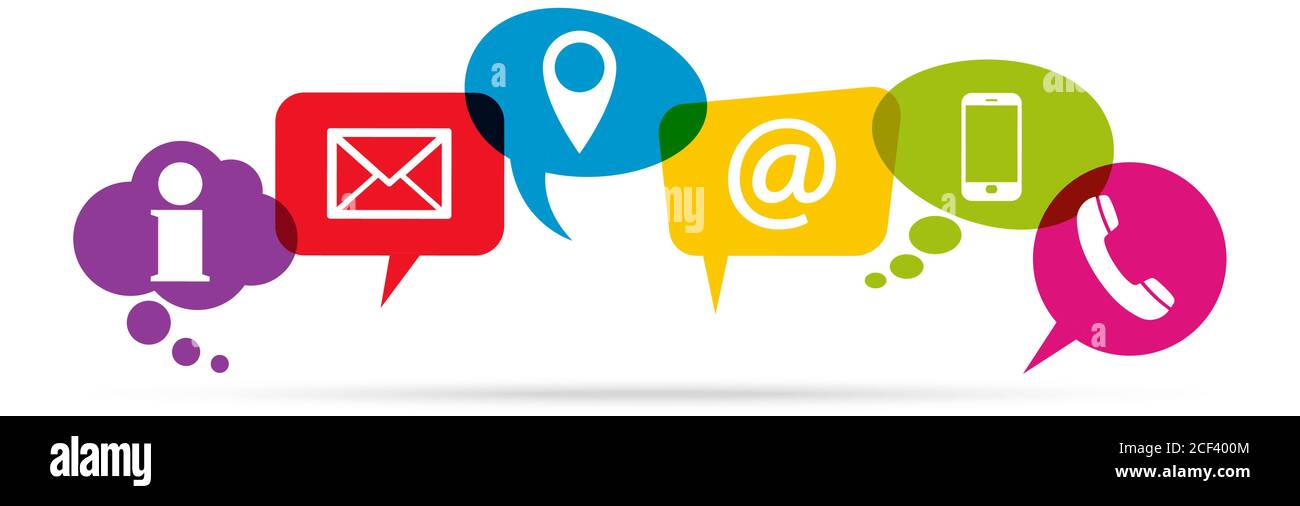 illustration of colored speech bubbles in a row with communication ...