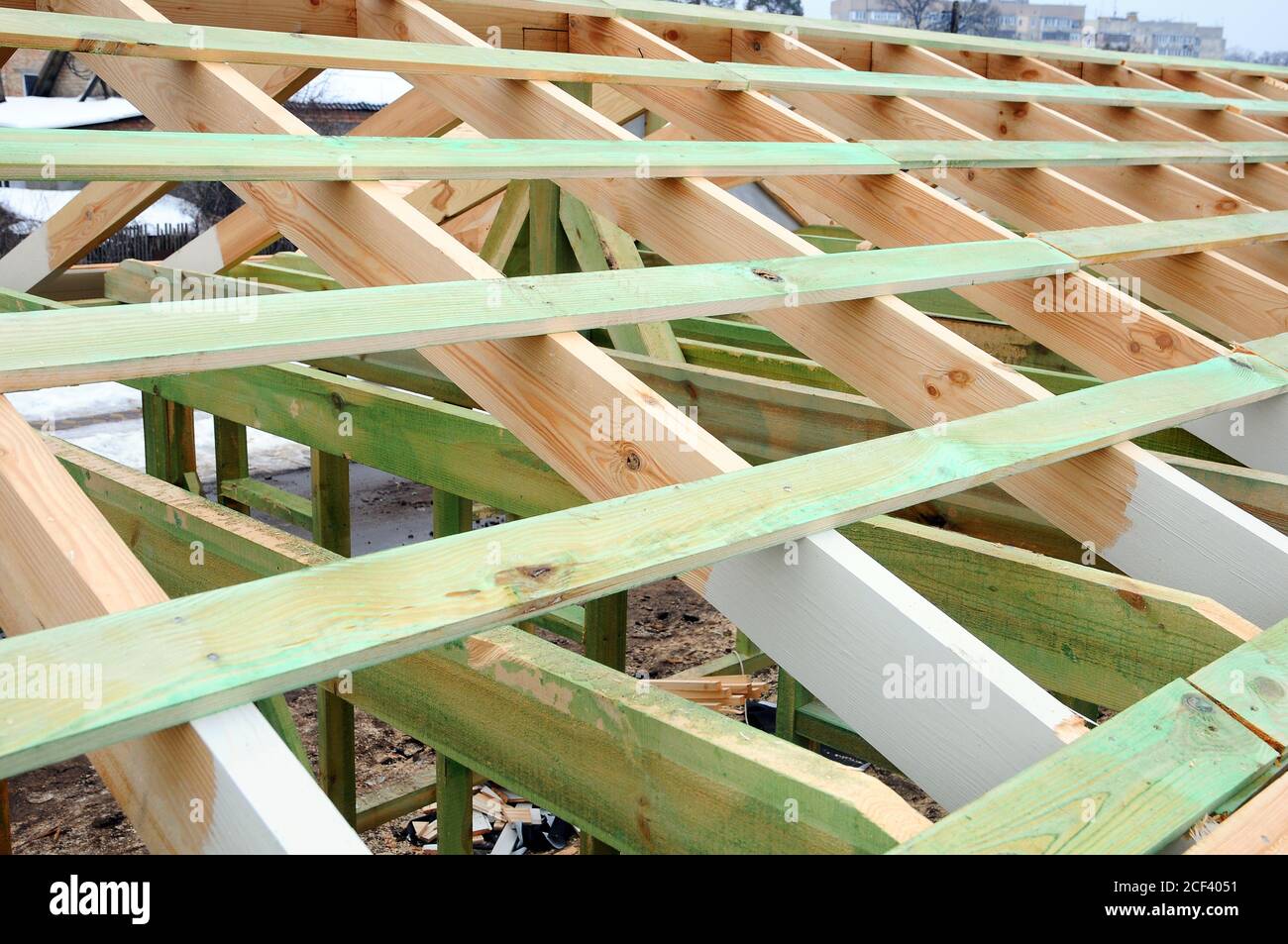 Roofing Construction. Wooden Roof Frame House Construction Stock Photo ...