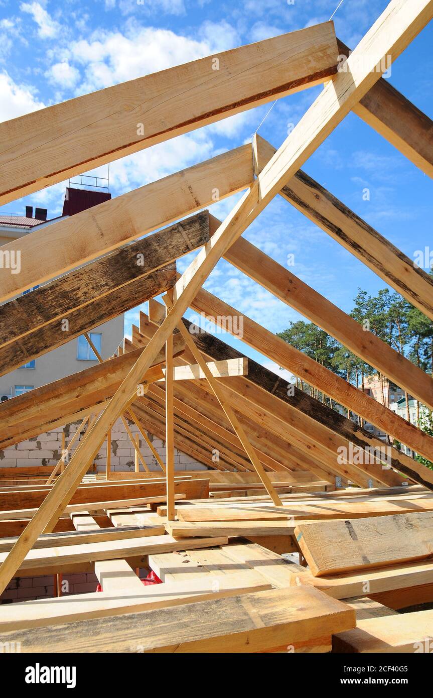 Roofing Construction. Wooden Roof Frame House Construction Stock Photo ...