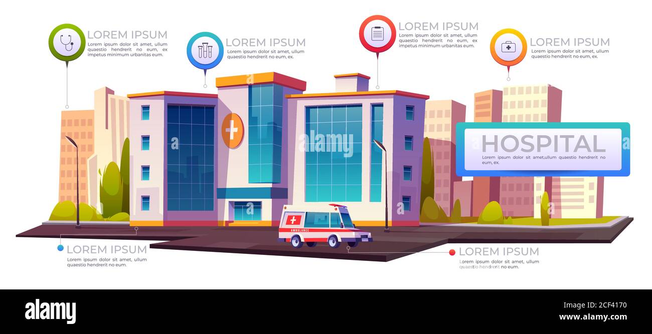 Hospital infographics, clinic buildings with riding ambulance car truck ...