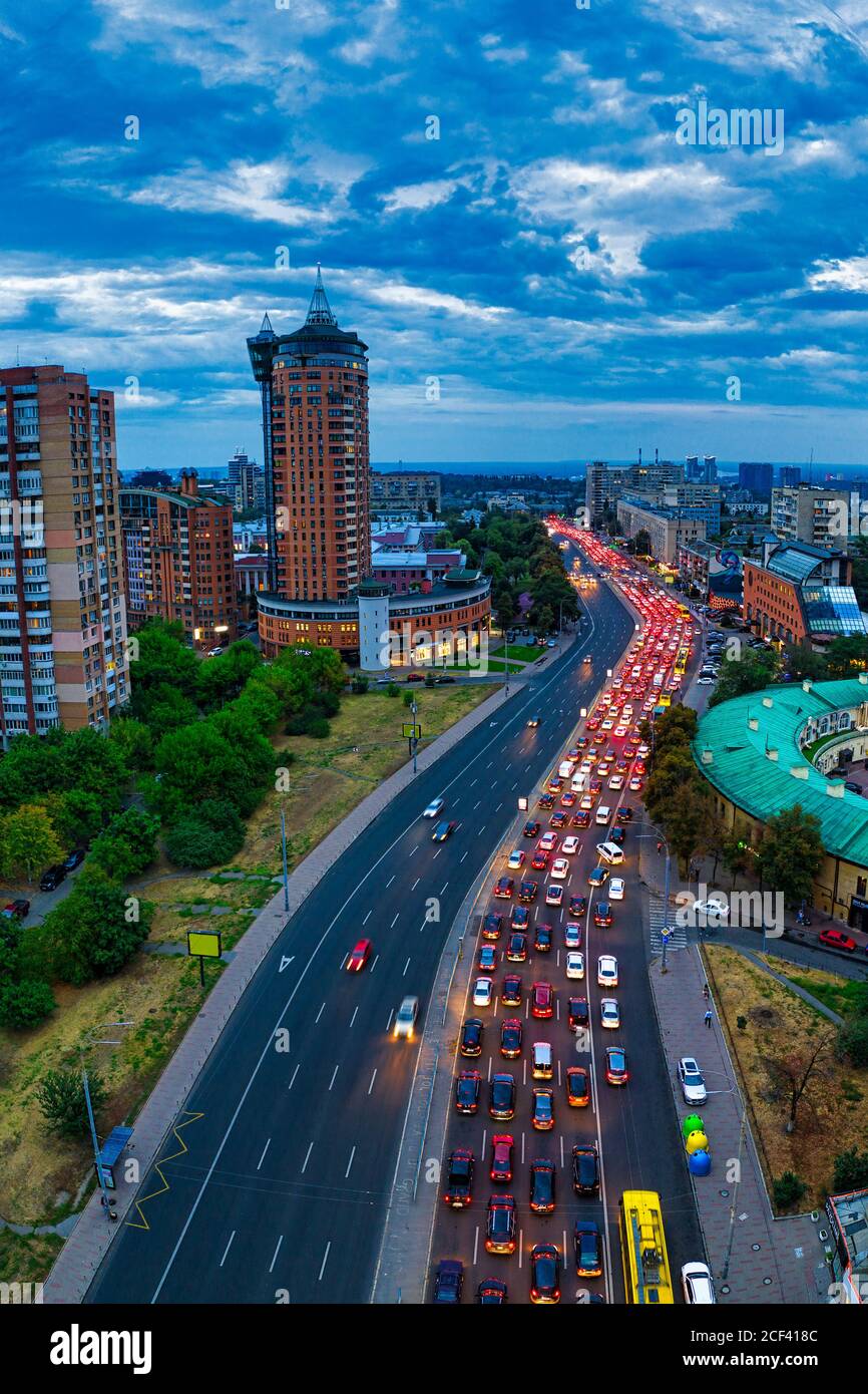 Long traffic congestion on a large highway in the city. Drone Shot ...