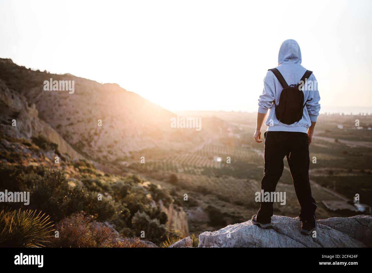 Back view of male hiker in sportswear standing on rocky cliff above ...