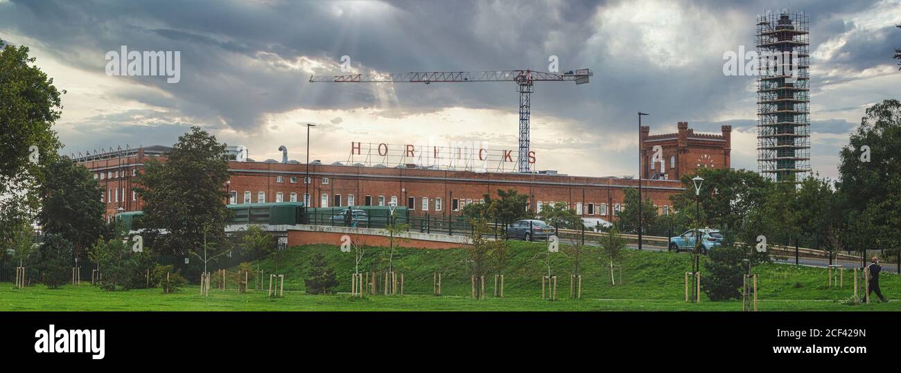 The Horlick's Factory under overcast skies as seen from Salt Hill Park ...