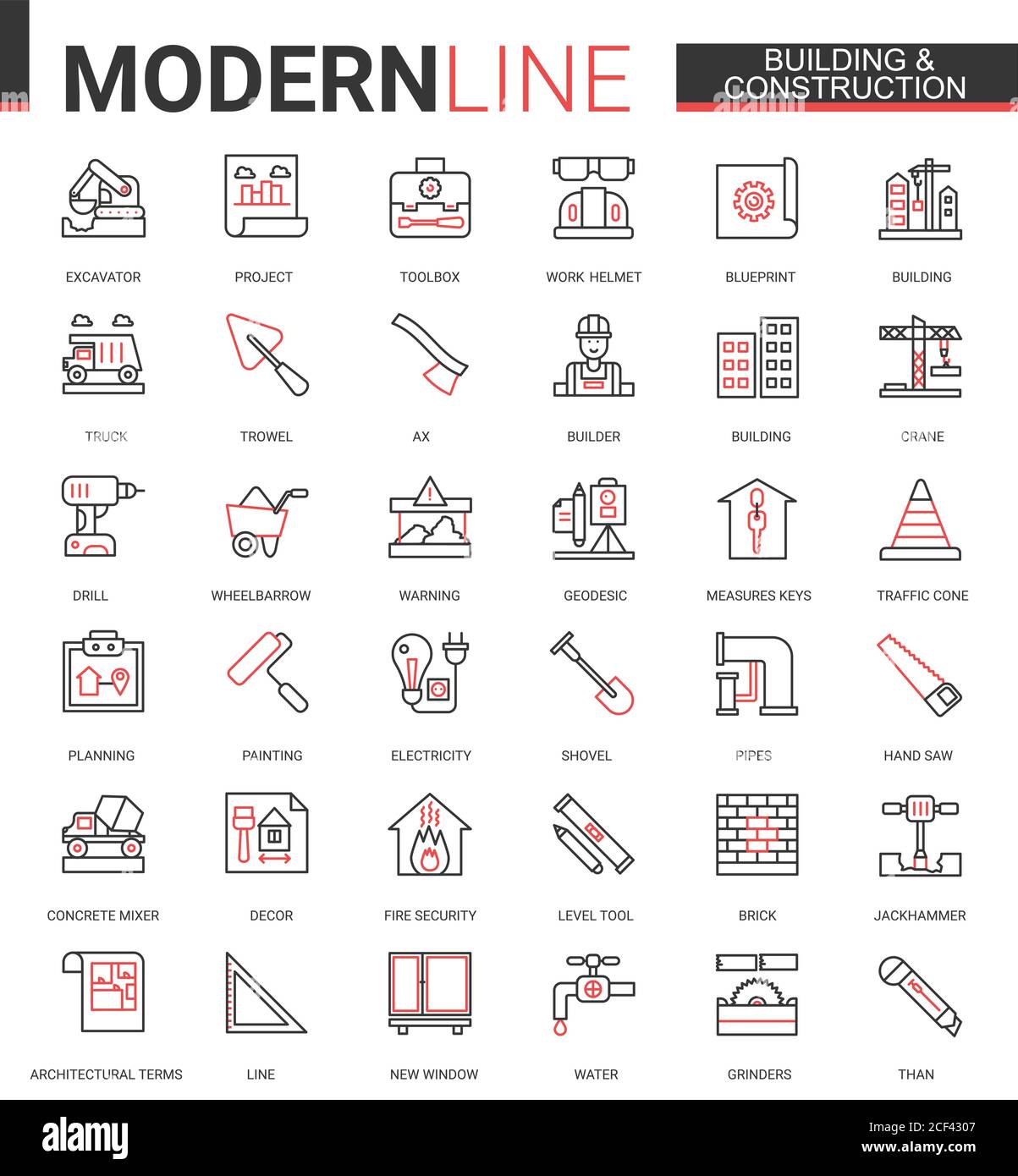 Building construction thin red black line icons vector illustration set ...