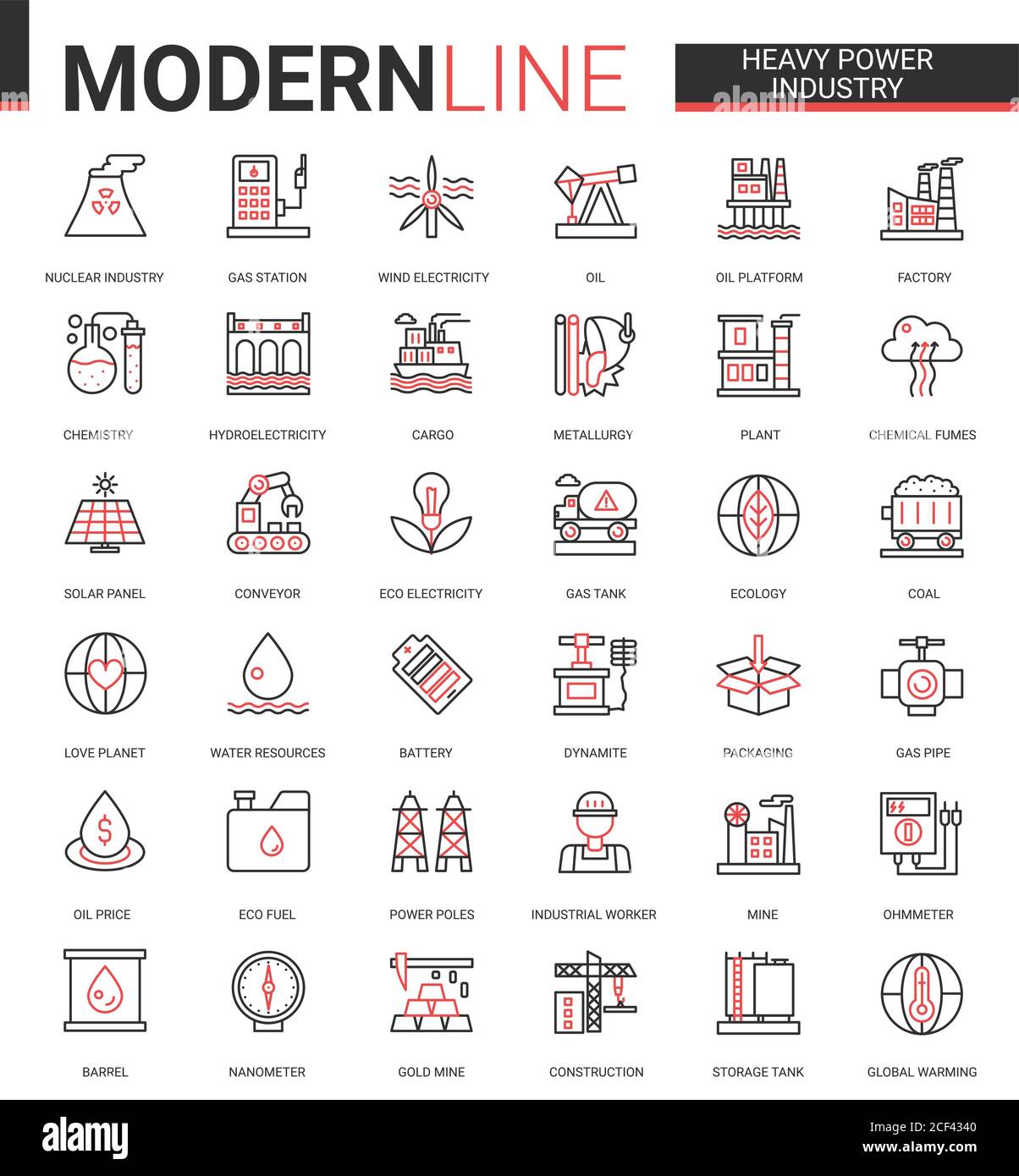 Heavy power industry flat thin red black line icon vector illustration ...