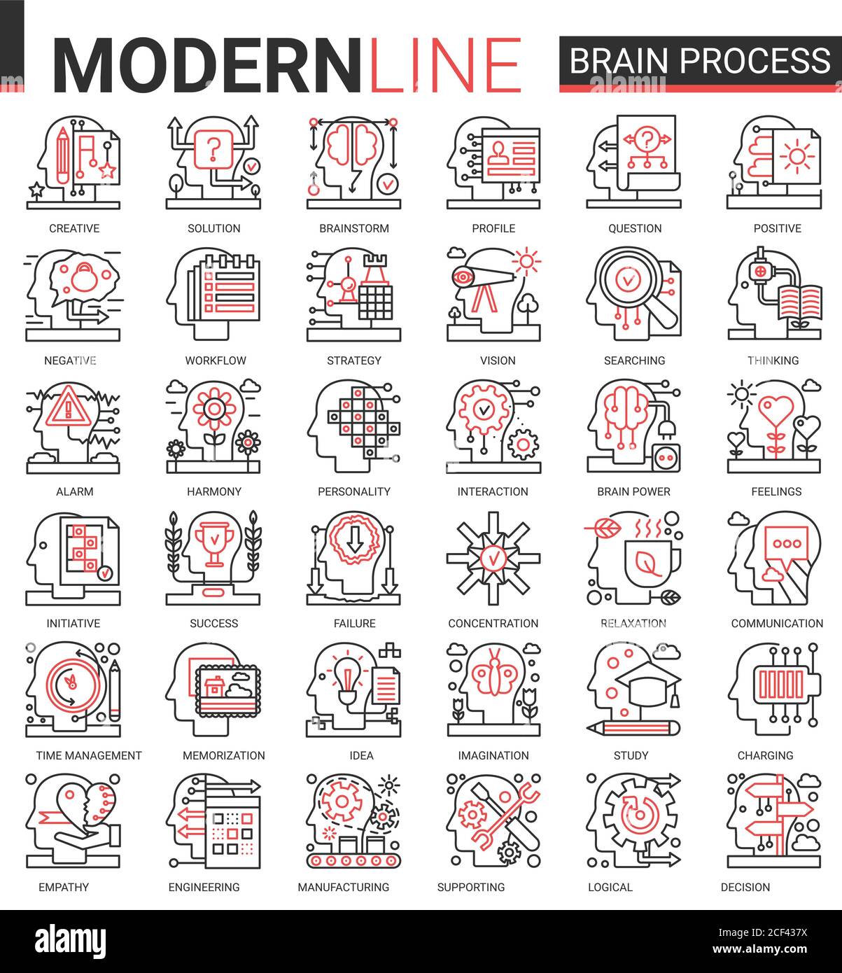 Brain process concept complex thin red black line icons vector set with ...