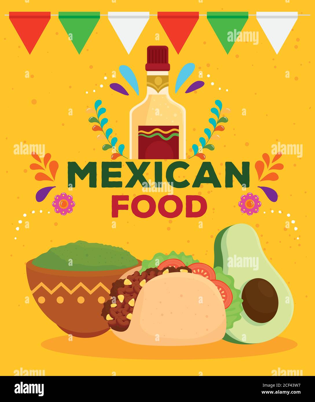 mexican food poster with bottle tequila, taco, guacamole and avocado ...