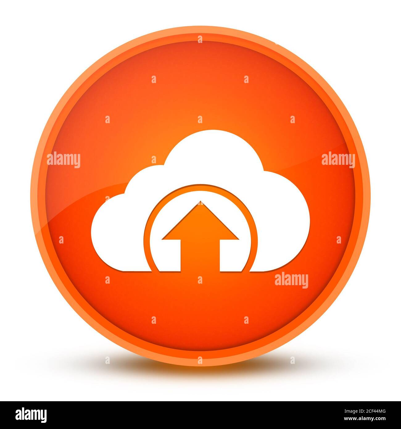 Cloud upload icon isolated on glossy orange round button abstract ...
