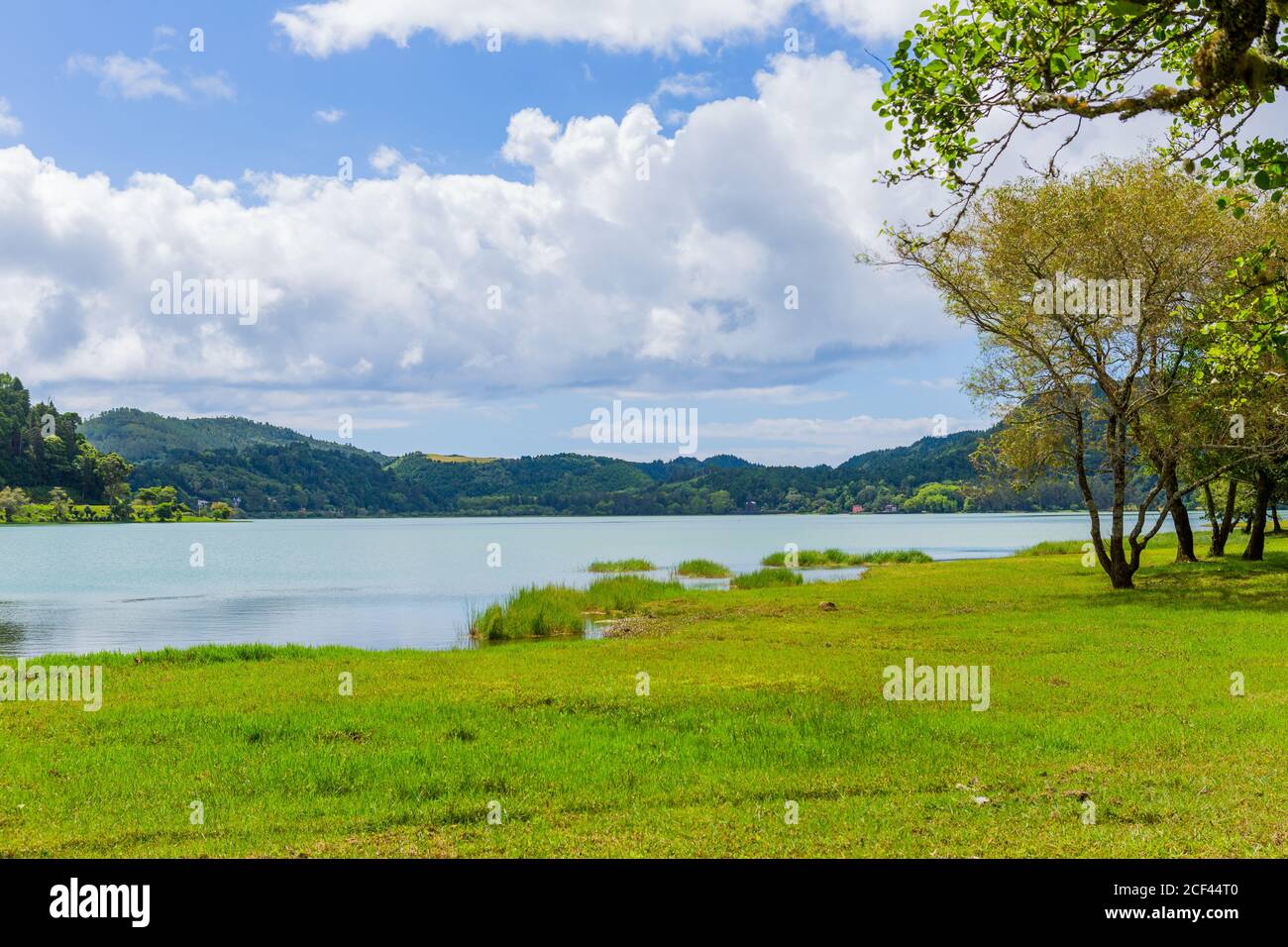 Scenic view of Furnas lake in Sao Miguel island, Azores, Portugal. An ...