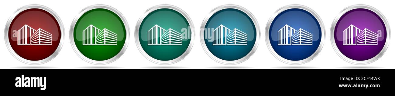 Modern design office buildings icons, set of silver metallic glossy web ...