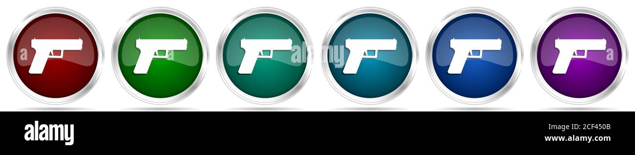 Pistol, gun, weapon icons, set of silver metallic glossy web buttons in ...