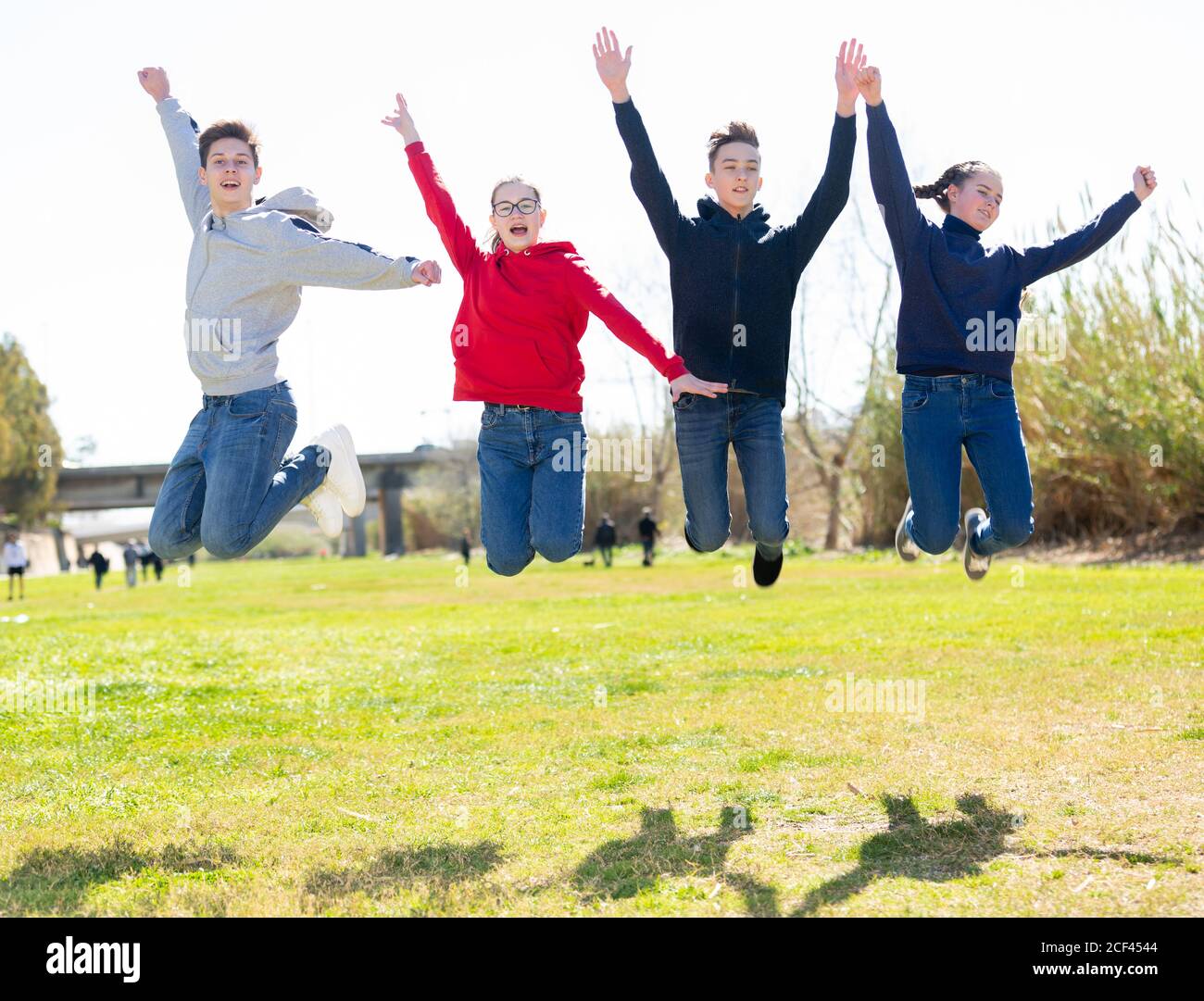 Portrait four happy friends jumping hi-res stock photography and images ...