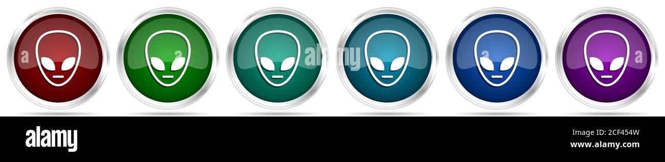 Alien face icons, set of silver metallic glossy web buttons in 6 color ...
