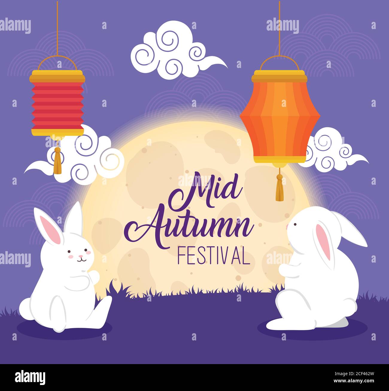 chinese mid autumn festival and rabbits, moon, clouds and lanterns ...