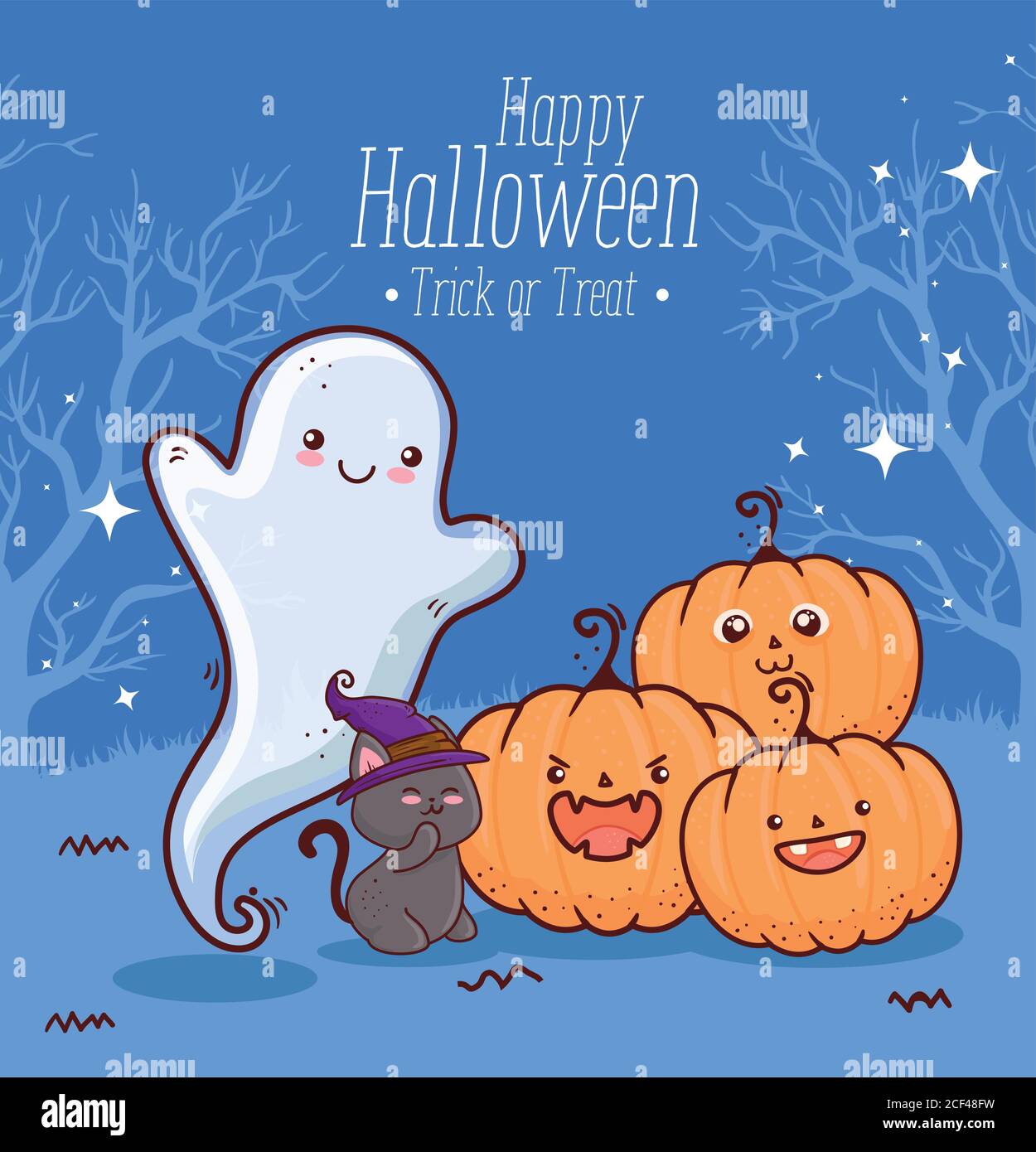 happy halloween banner with pumpkins, cat and ghost Stock Vector Image ...