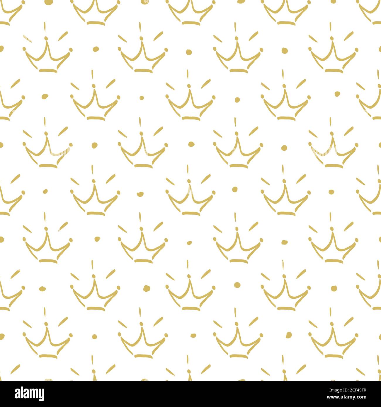 Golden crown with dots seamless pattern. Hand drawn crown on a white ...