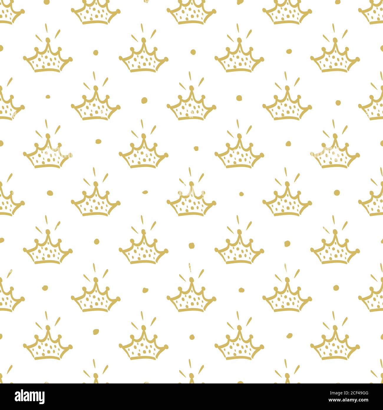 Golden crown with dots seamless pattern. Hand drawn crown on a white ...
