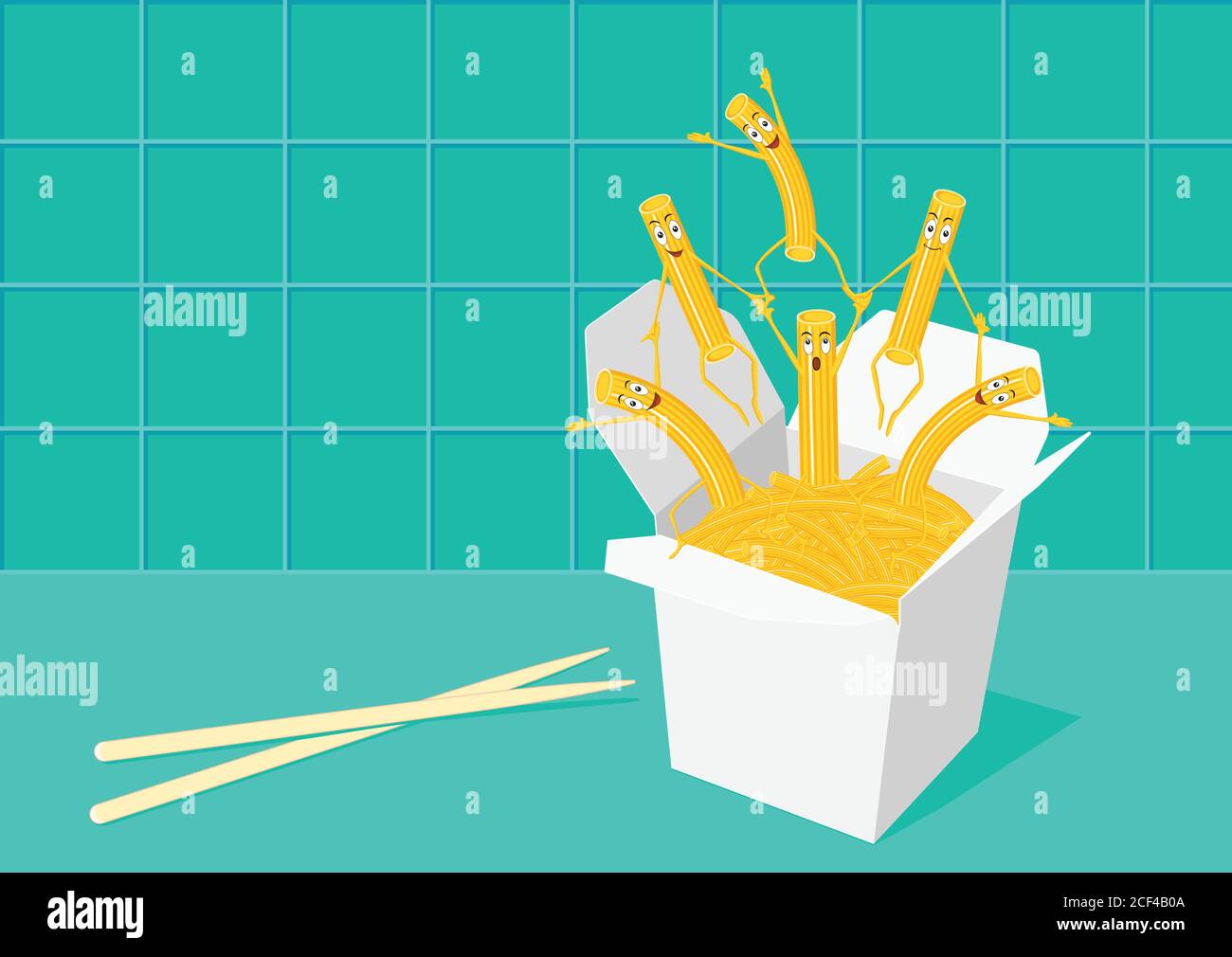Pasta in the box with chopsticks. Funny, cartoon pasta characters ...