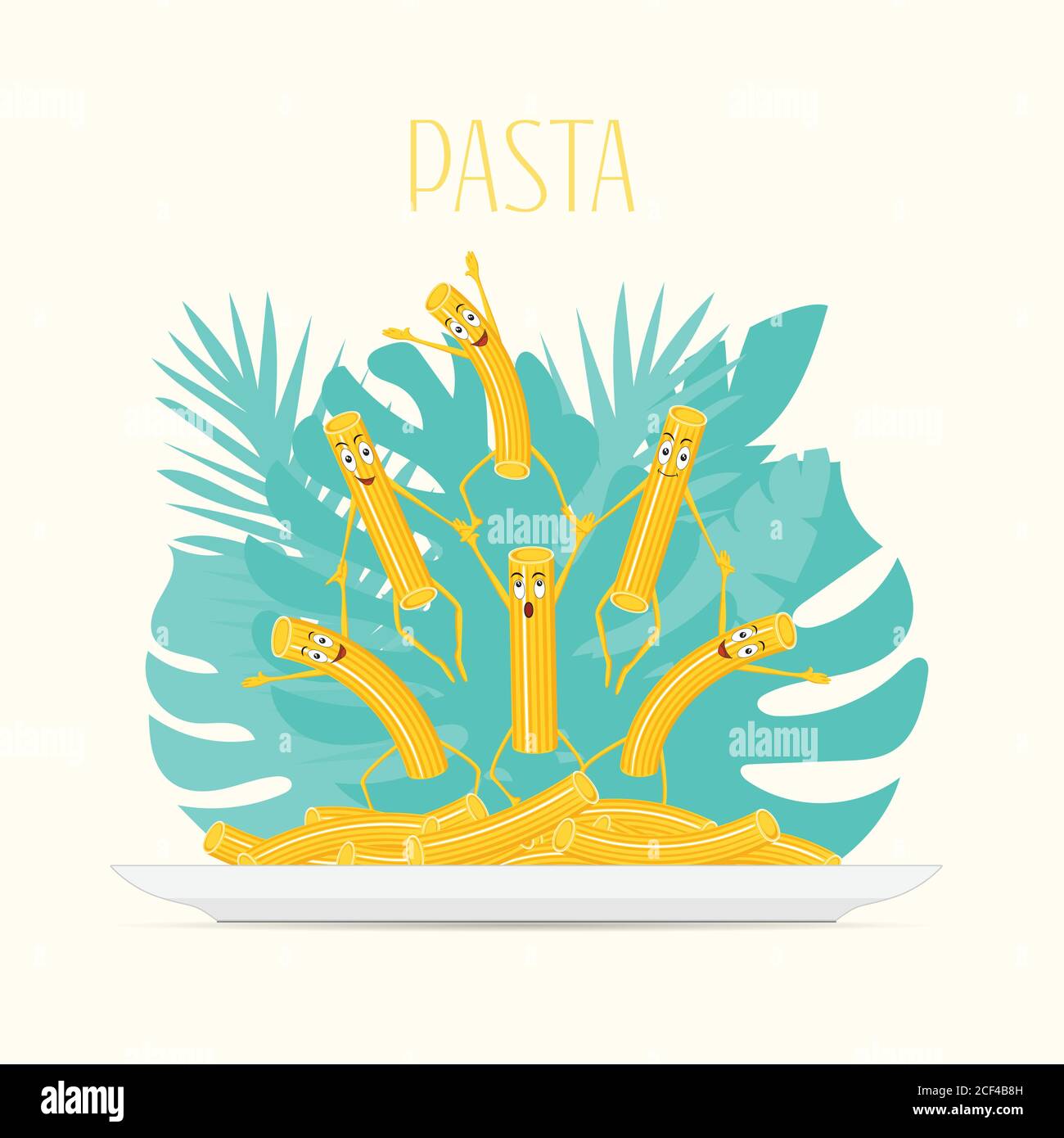 Pasta on a plate. Funny pasta, cartoon characters smile and laugh on ...