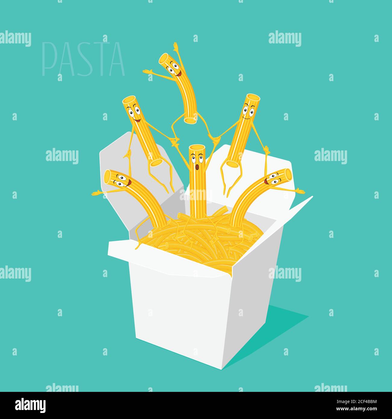 Pasta in the box. Funny, cartoon pasta characters smiling and laughing ...