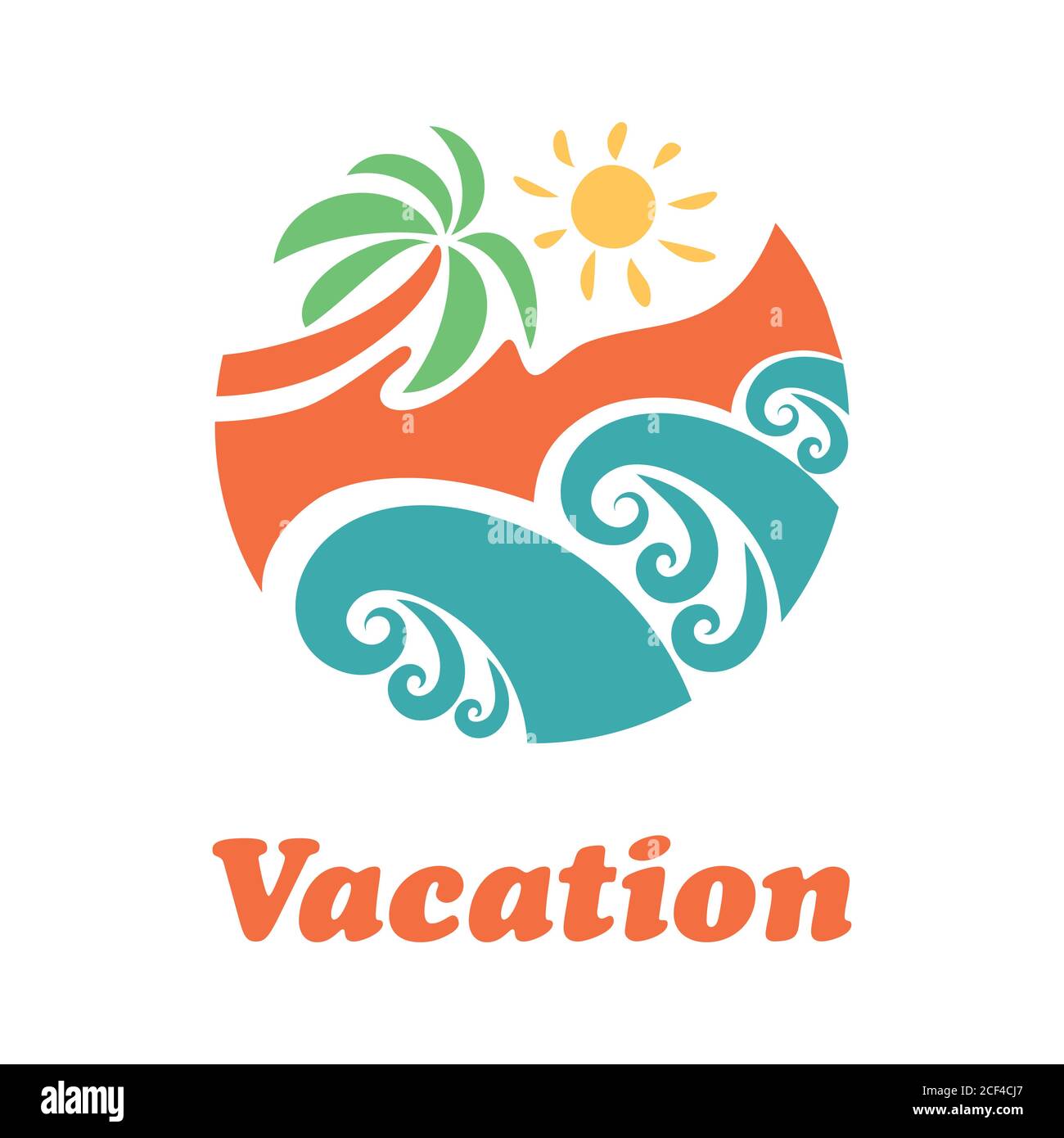 Summer travel vacation logo concept in circle shape. Sea resort, waves, mountains, sun, and palm ...