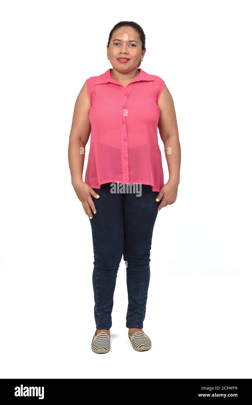 full portrait of woman standing on white background Stock Photo - Alamy