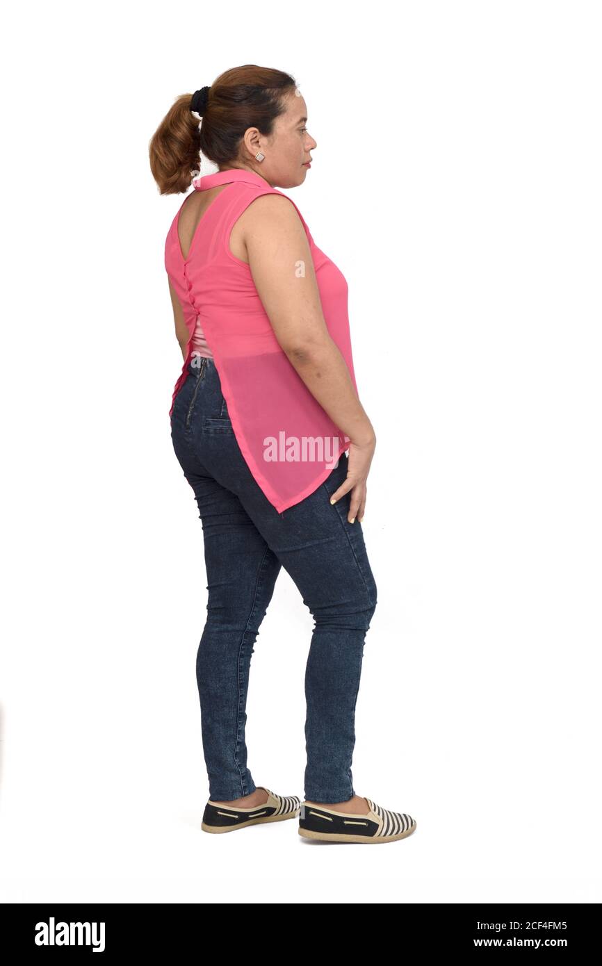 full portrait of woman standing back view and side view on white ...