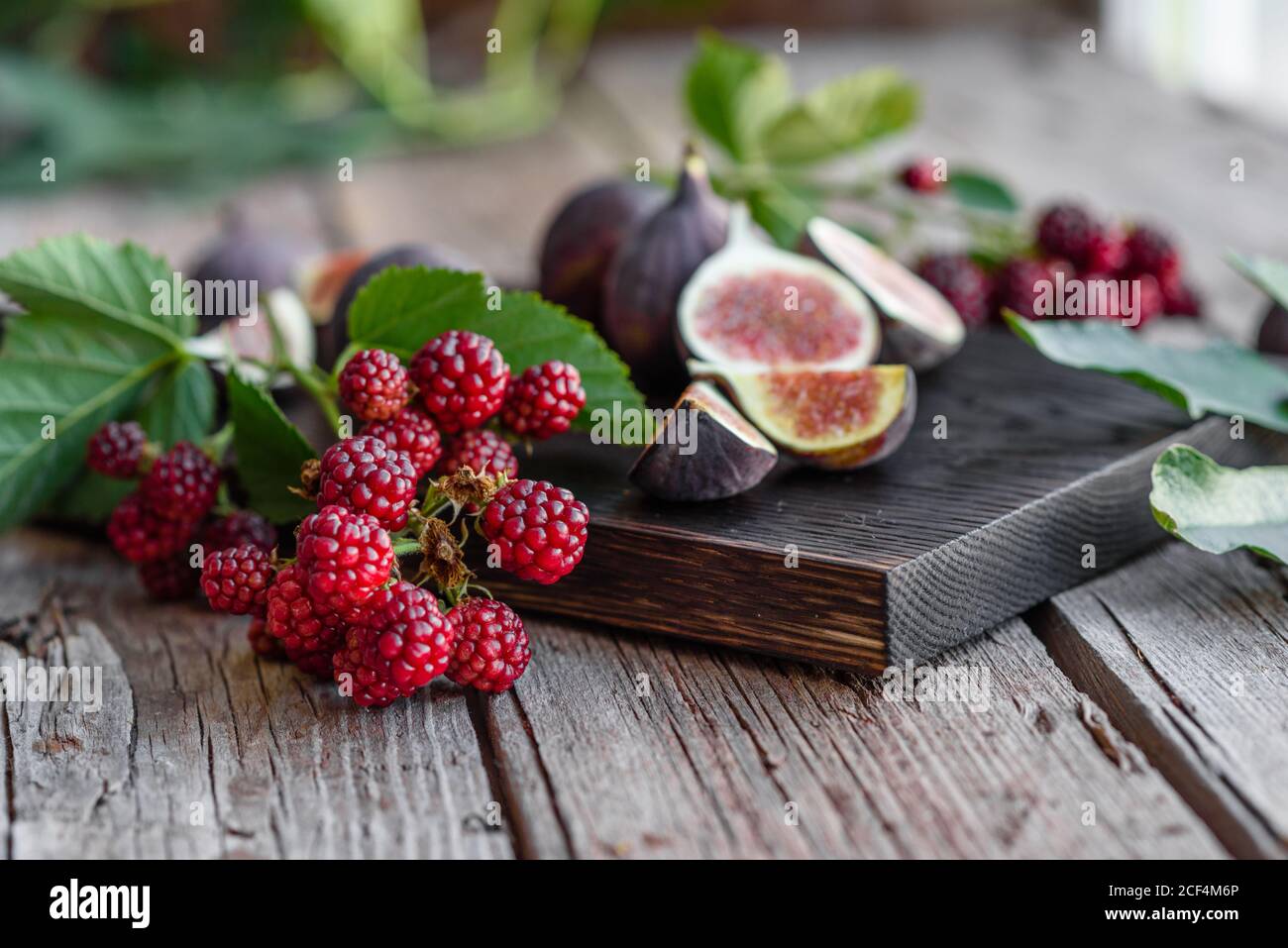 Fresh juicy figs and blackberries on a dark background. Harvesting ...