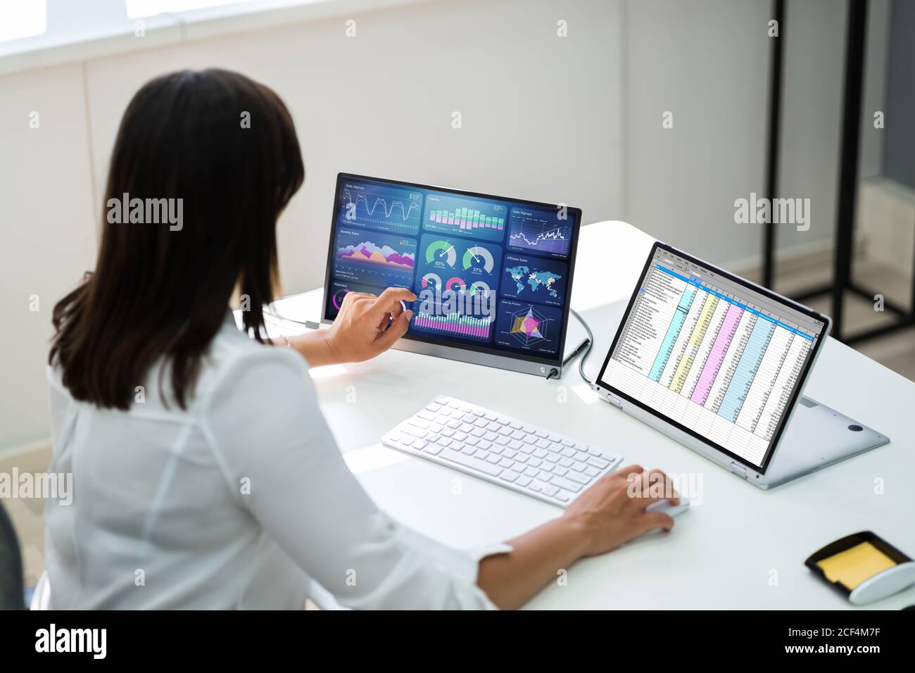 Analyst Employee Working With Spreadsheet Report On Laptop Screen Stock ...