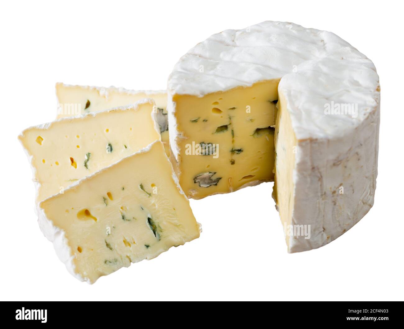 Wheel of delicate blue cheese with cut slices. Isolated over white ...