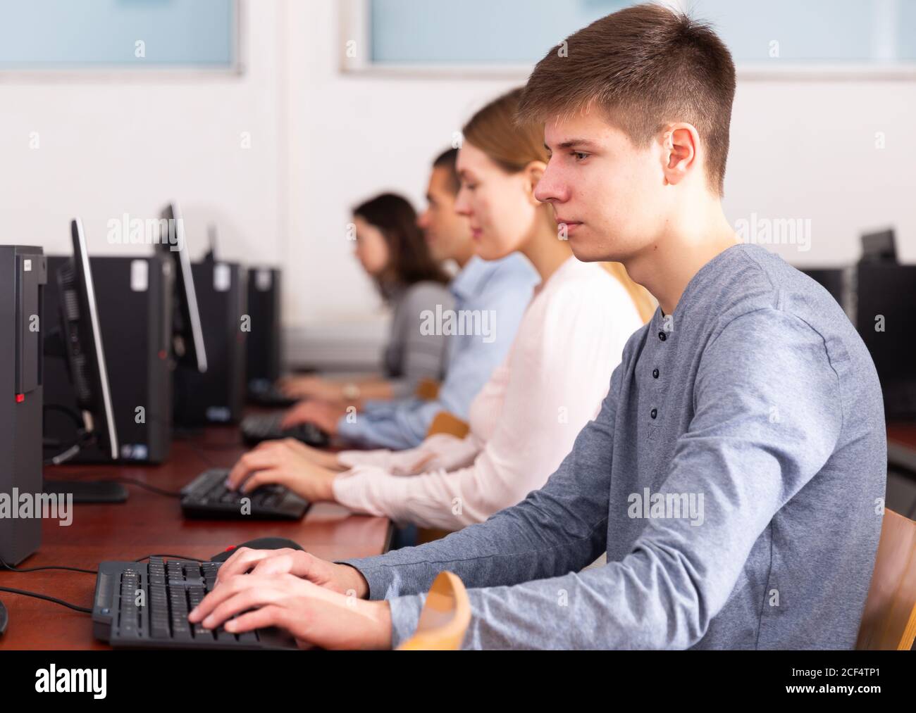 Side view of focused female and male students working on computers in ...