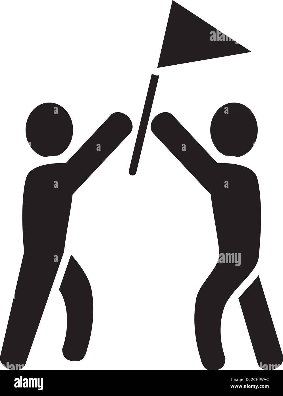 pictogram two men holding up a flag over white background, silhouette ...