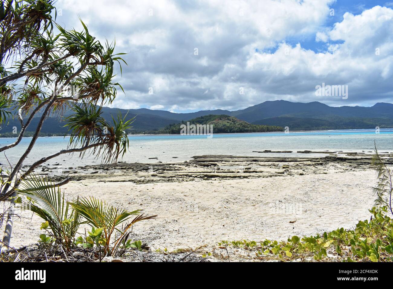 Looking past the tropical foliage and pristine beach to the mountains ...