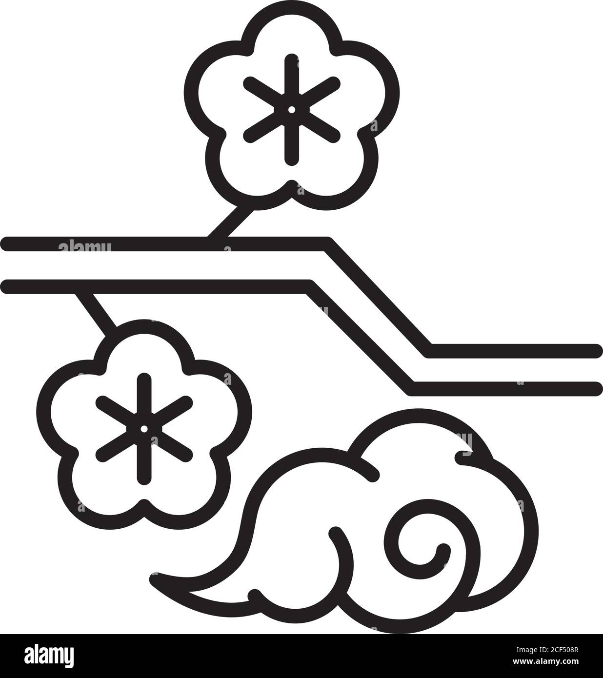 sakura flowers branch tree cloud white background cartoon, line style ...