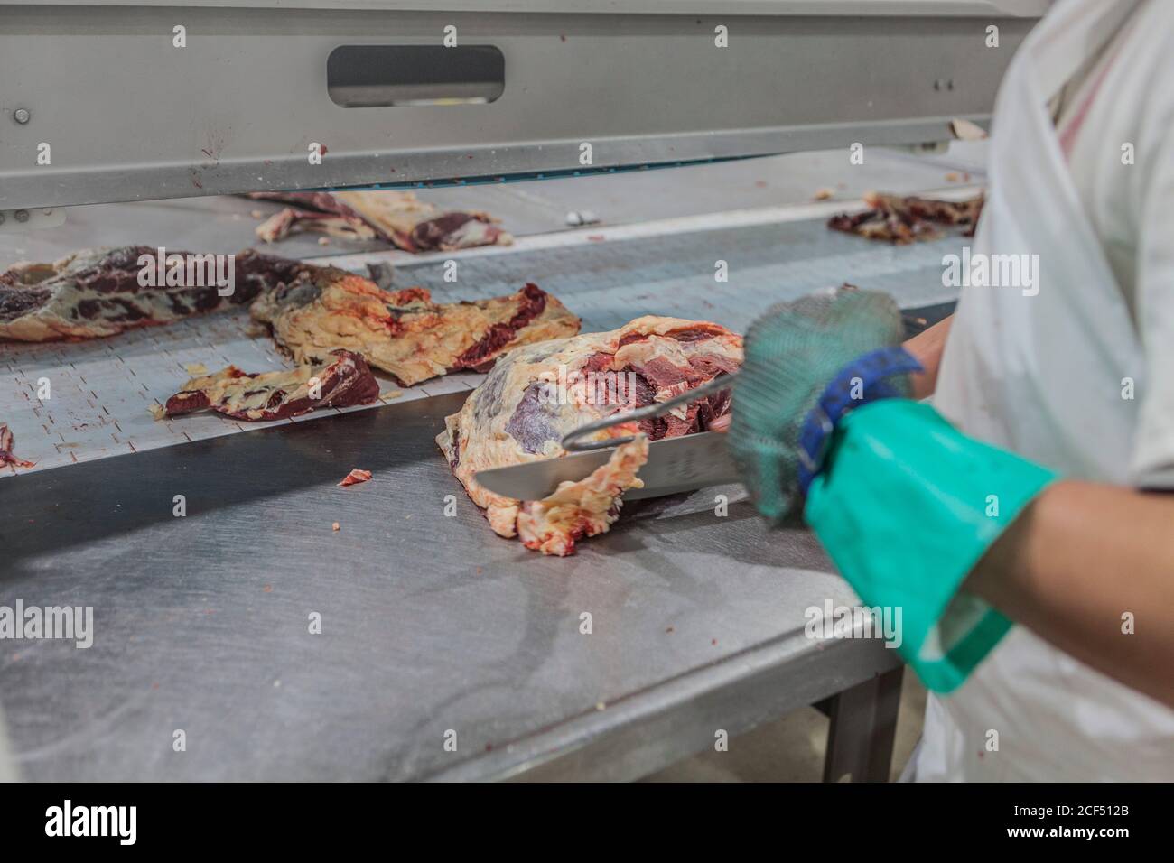 Crop image of well equipped worker in white uniform cutting meat with ...