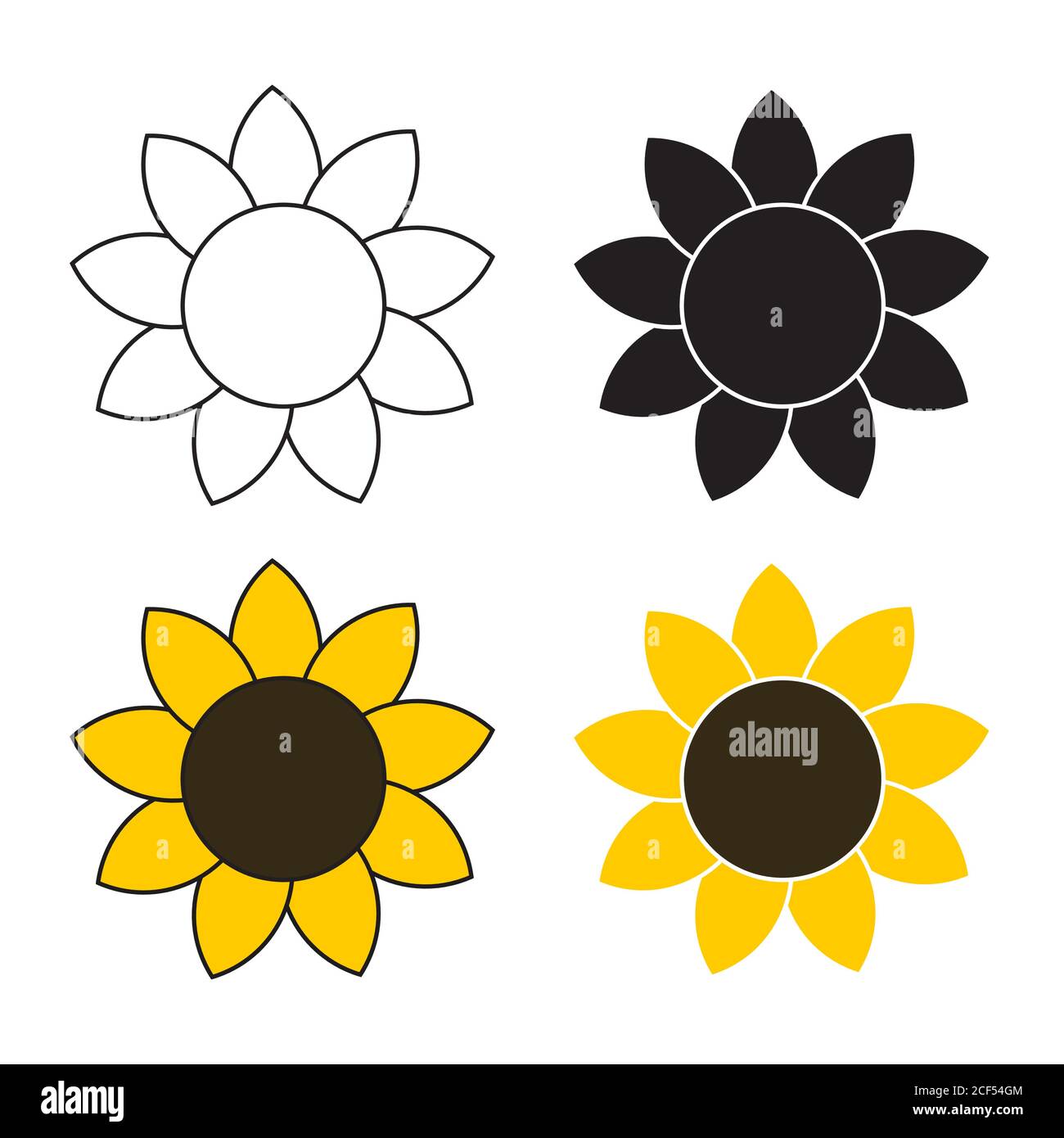 Sunflower symbol set in different styles outline, filled, colored ...