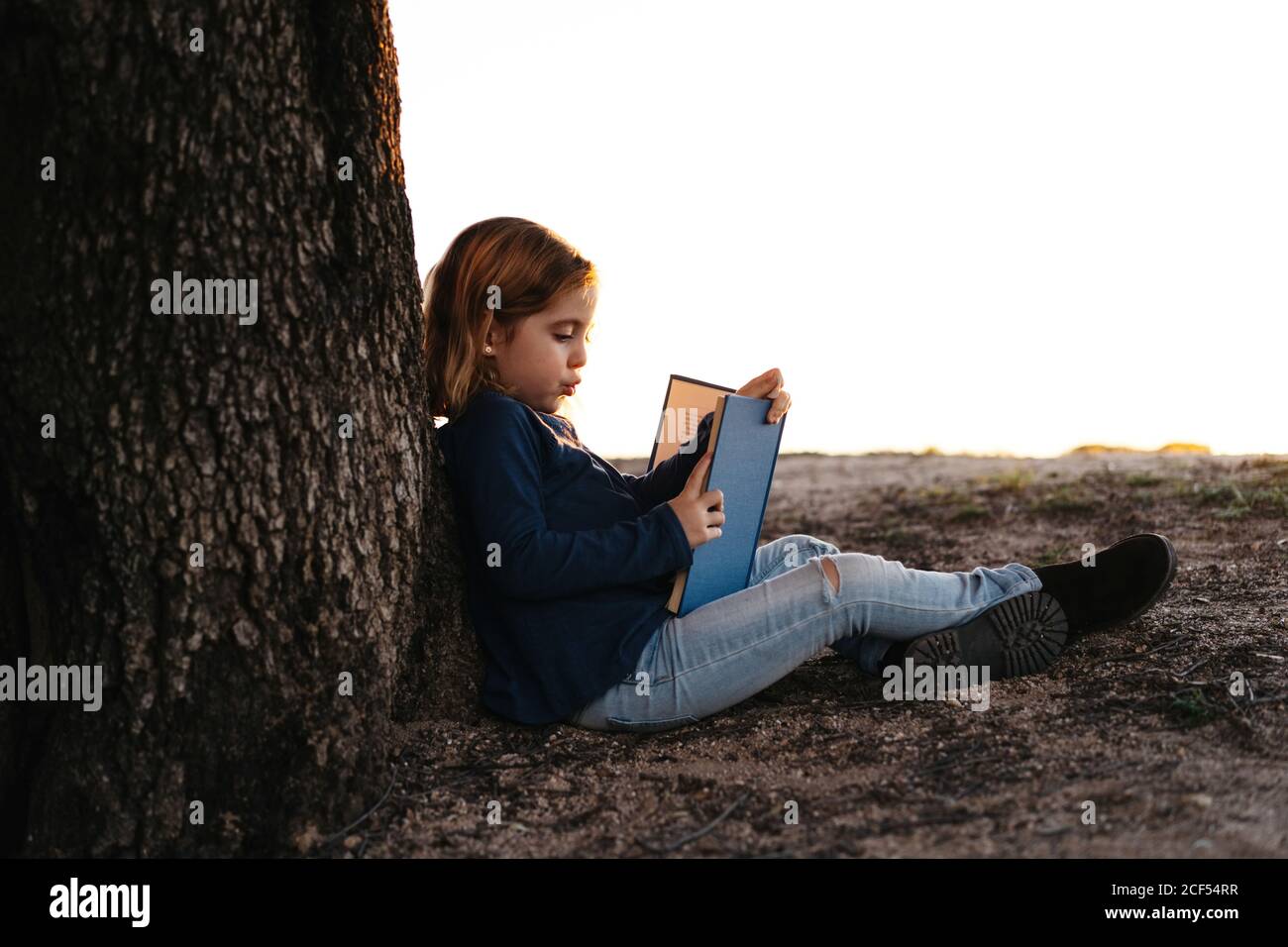 Little Girl Reading A Book Under A Tree