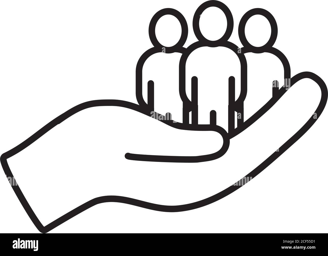 pictogram people standing on a hand icon over white background, line ...