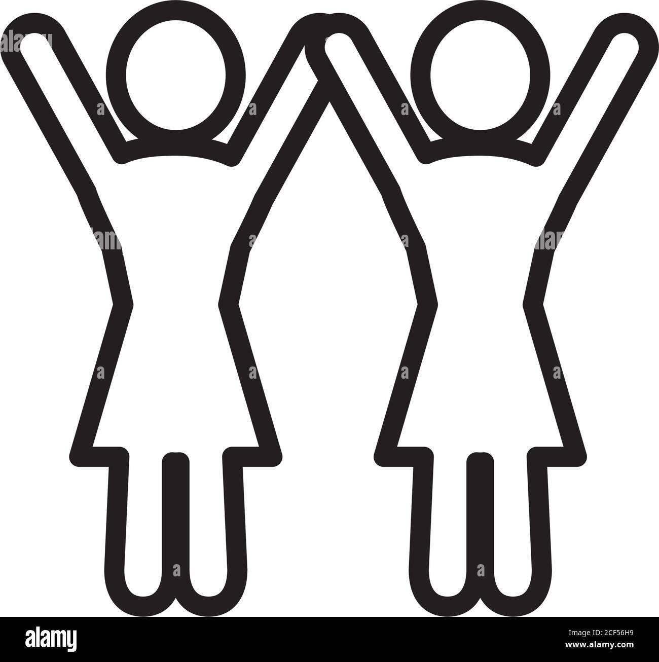 pictogram two women with arms up over white background, line style ...